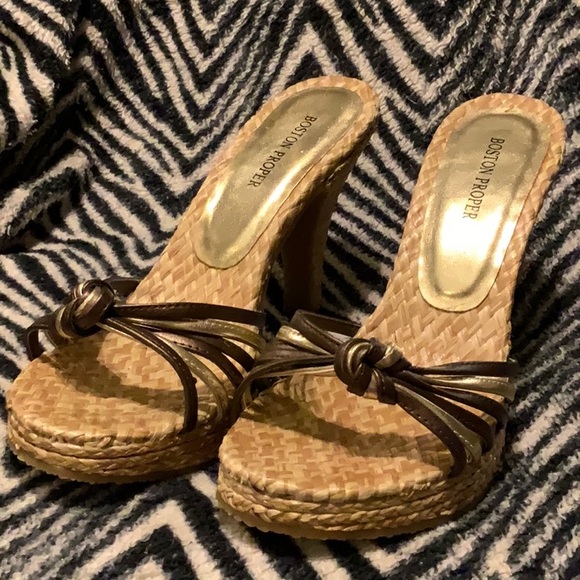 Boston Proper | Shoes | Brown And Gold Wicker Woven Sandal Heels | Poshmark